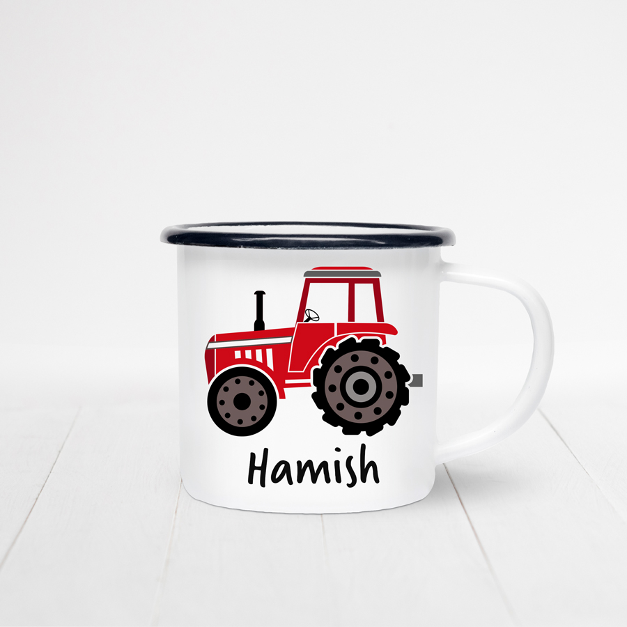 Personalised Red Tractor Enamel Mug - Blue Box Gifts