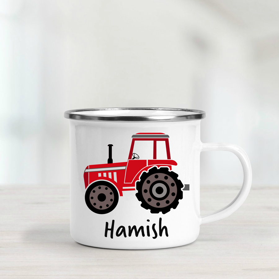 Personalised Enamel Mug - Red Tractor - Blue Box Gifts